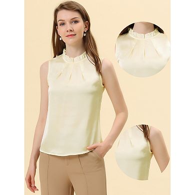 Sleeveless Blouses for Women's Mock Neck Ruffles Elegant Satin Work Tops