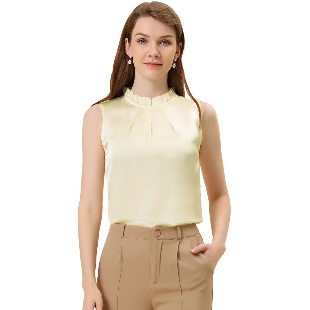Sleeveless Blouses for Women's Mock Neck Ruffles Elegant Satin Work Tops