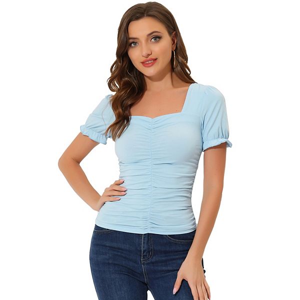 Women's Ruched Top Square Neck Solid Short Sleeve Smocked Blouse