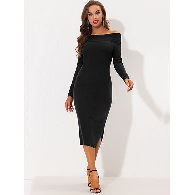 Women's Elegant Off Shoulder Knit Ribbed Bodycon Midi Dress