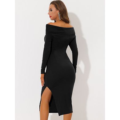 Women's Elegant Off Shoulder Knit Ribbed Bodycon Midi Dress