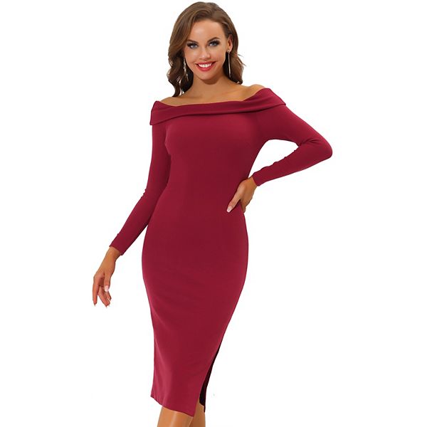 Women's Elegant Off Shoulder Knit Ribbed Bodycon Midi Dress