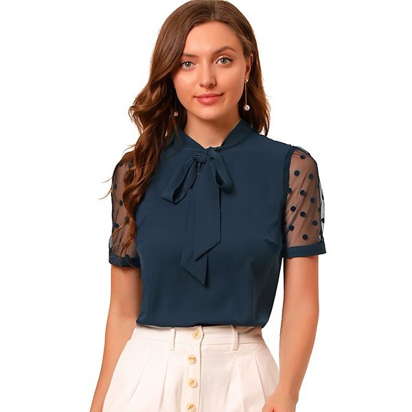 Womens Bow Tie Neck V Neck Stand Collar Short Mesh Sleeve Blouse