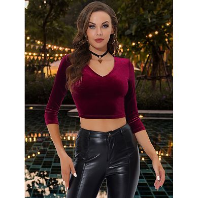 Women's Velvet Blouse V Neck 3/4 Sleeve Solid Crop Top