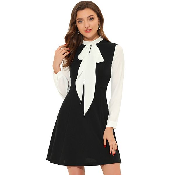 Women's Elegant Contrast Tie Neck Long Sleeves A-Line Office Work Dress