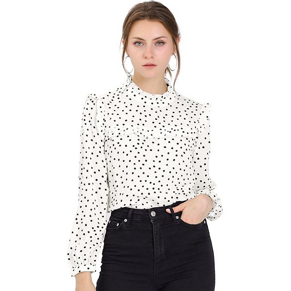Womens Vintage Ruffle Stand Collar Long Sleeves Polka Dots Blouse Top