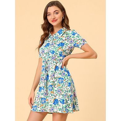Women's Floral Dress Point Collar Button Up Tie Waist Summer Dresses