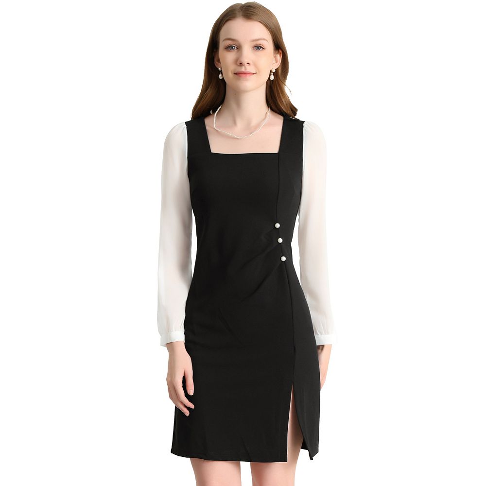 Women's Square Neck Ruched Front Contrast Panel Long Sleeve Dress