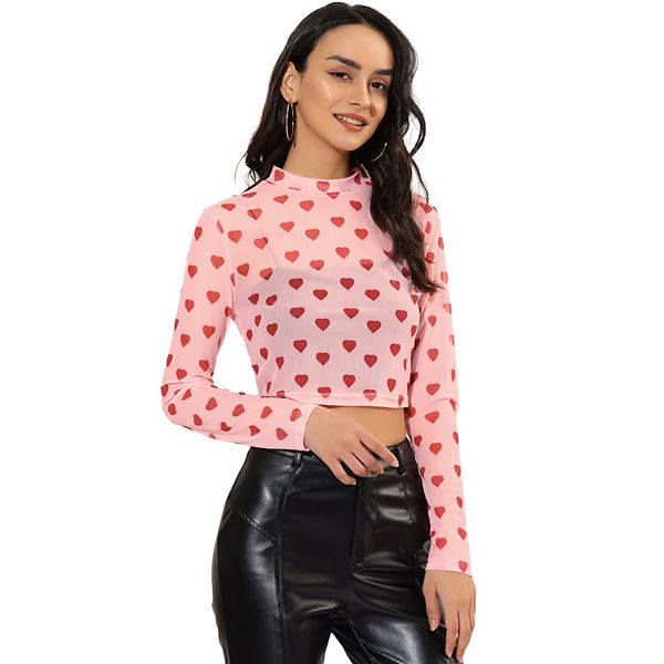 Women's Semi-sheer Blouse Heart Crop Tops Mesh Top