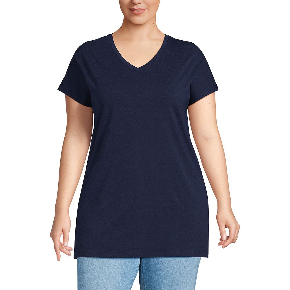 Plus Size Lands' End Short Sleeve Jersey Extra Long V-Neck Tunic Top