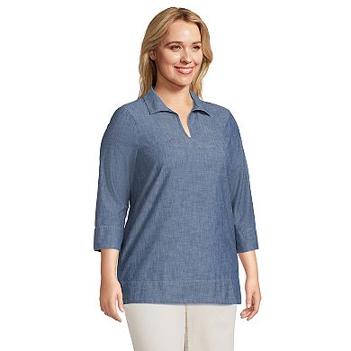 Plus Size Lands' End Cotton 3/4 Sleeve Split Neck Tunic Top
