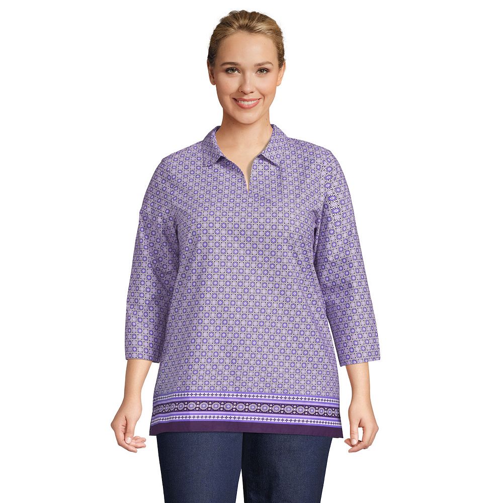 Plus Size Lands' End Cotton 3/4 Sleeve Split Neck Tunic Top