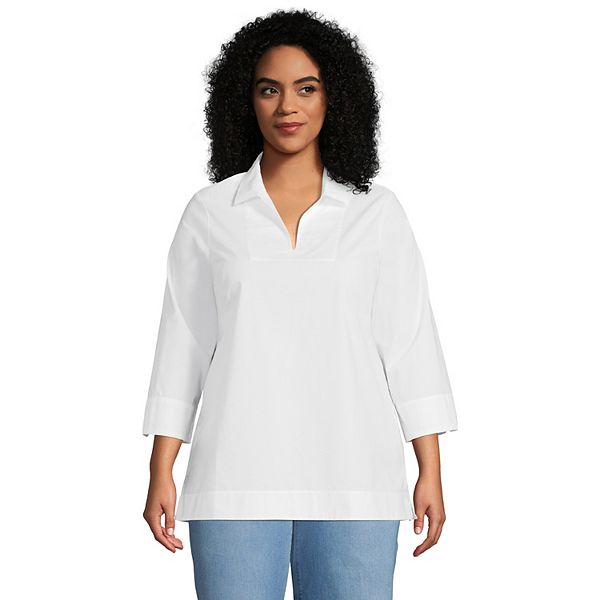 Plus Size Lands' End Cotton 3/4 Sleeve Split Neck Tunic Top