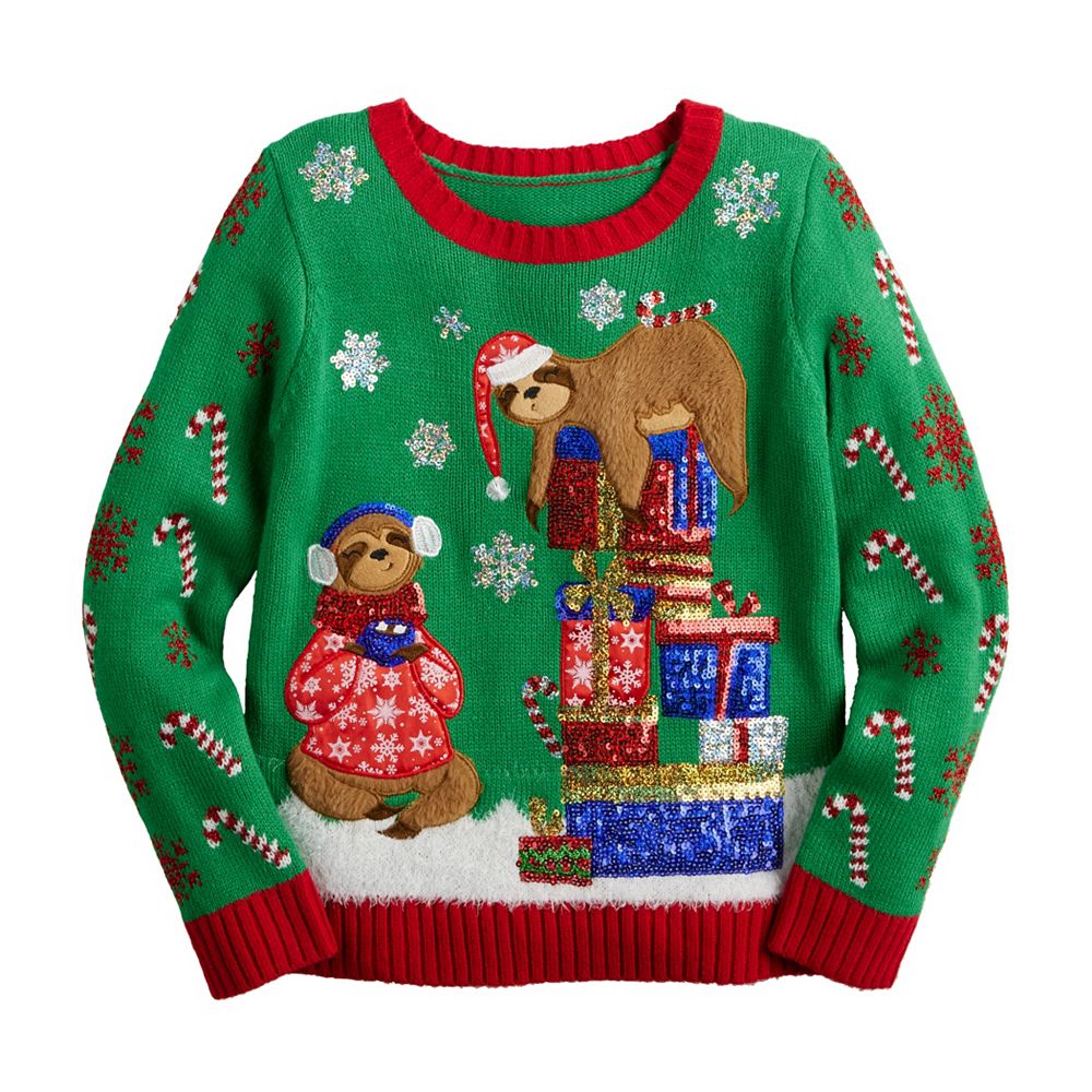 Girls 4-20 33 Degrees Long Sleeve Crewneck Sloths on Presents Christmas ...