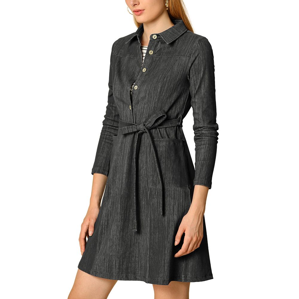 Women's Point Collar Half Placket Long Sleeve Shirt Dress With Belt
