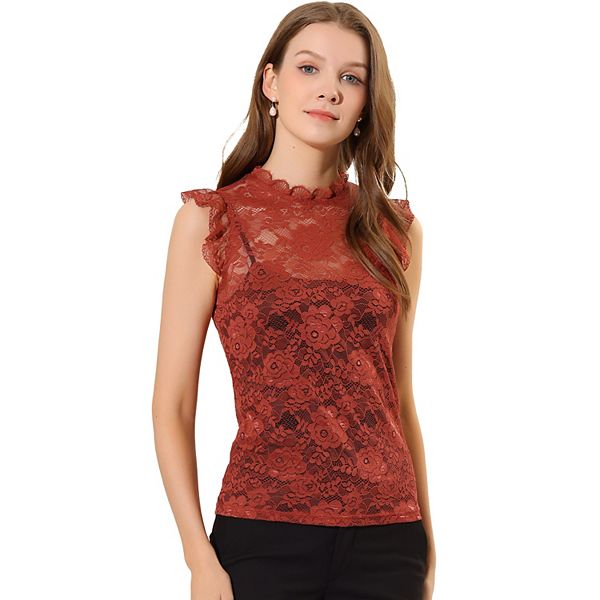 Women's Sleeveless Lace Ruffled Semi Sheer Blouse Top