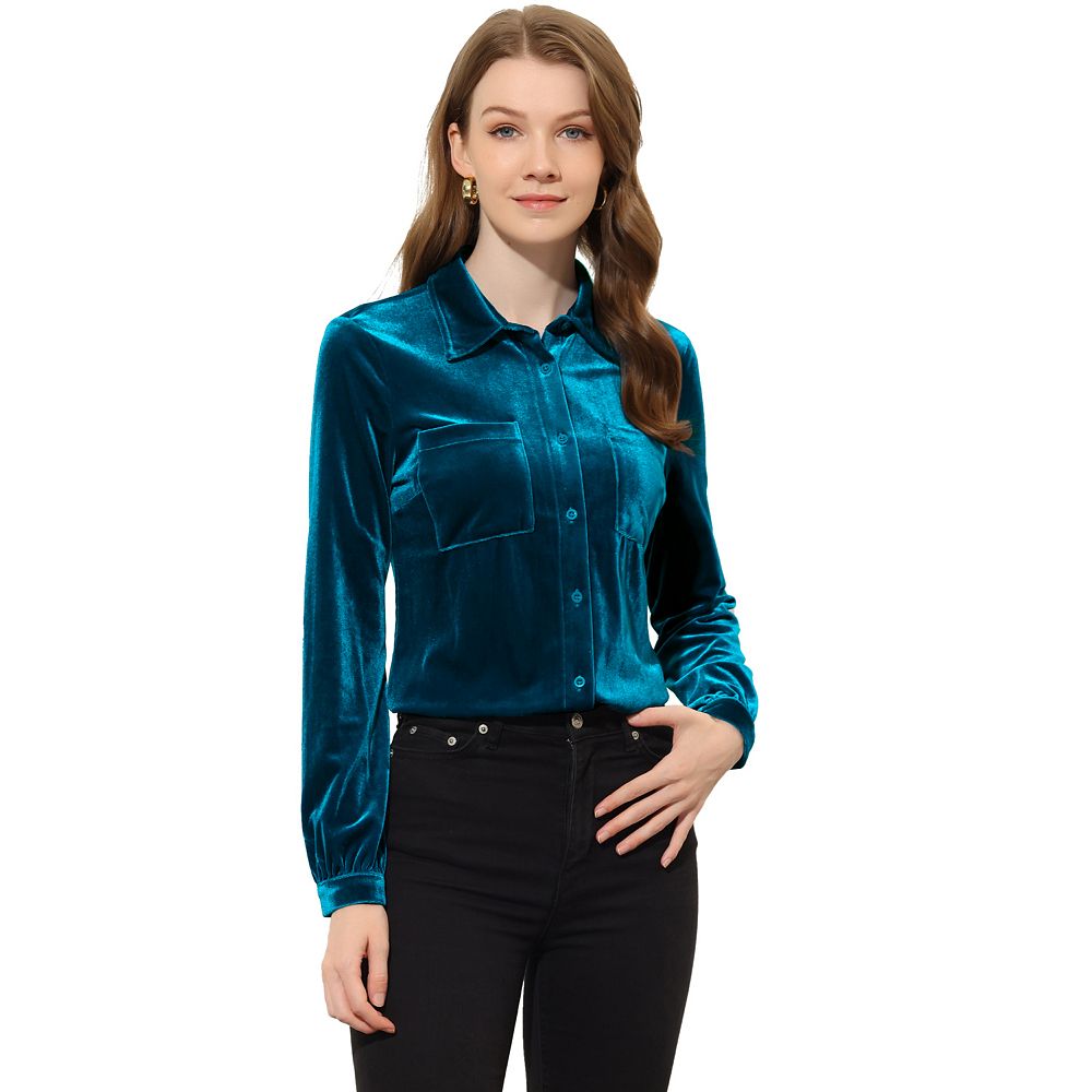 Women's Office Pocket Front Long Sleeve Button Down Velvet Shirt