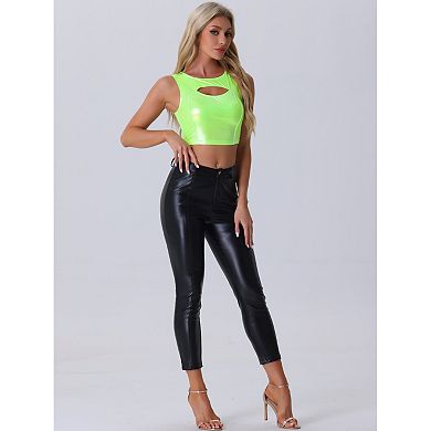 Women's Shiny Metallic Crop Top Sleeveless Cut Out Party Clubwear Tank Tops