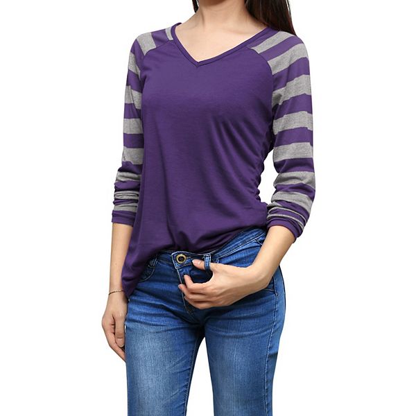 Women's Striped Raglan Long Sleeve V Neck T-shirt