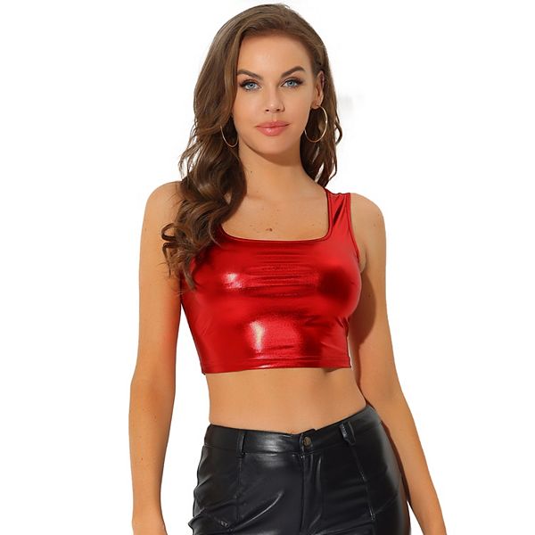 Women's U Neck Sleeveless Party Clubwear Shiny Metallic Crop Top