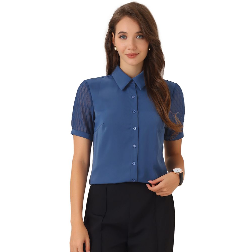 Women's Button Down Shirt Sheer Short Sleeve Point Collar Work Tops