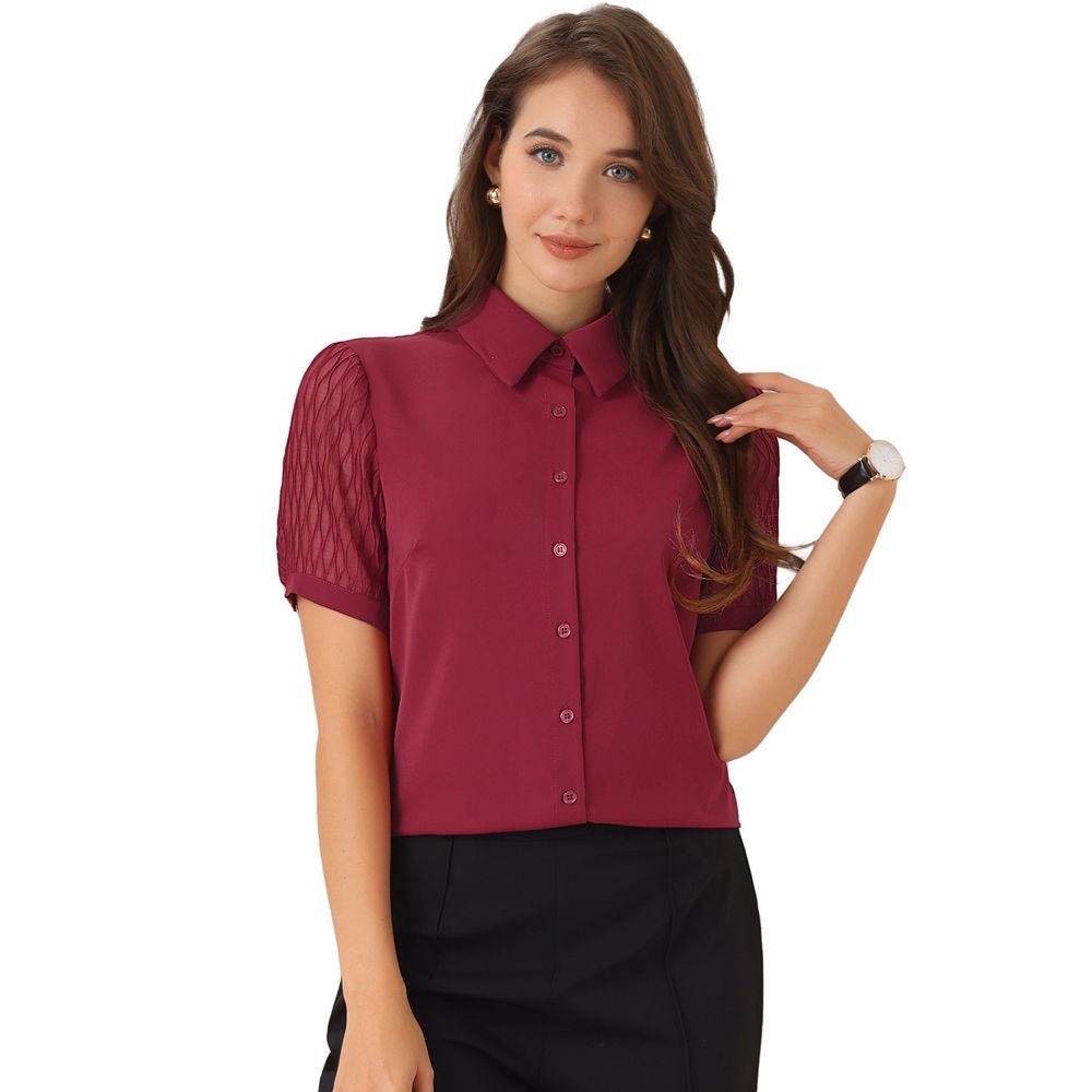 Women's Button Down Shirt Sheer Short Sleeve Point Collar Work Tops