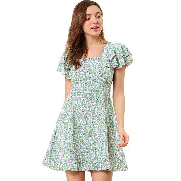 Women's Square Neck Ruffled Sleeve Pleated Front Printed Dress