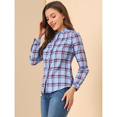 Women's Fall Button Up Blouse Long Sleeve Top Ruffle Neck Plaid Shirt