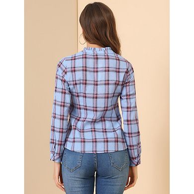 Women's Fall Button Up Blouse Long Sleeve Top Ruffle Neck Plaid Shirt