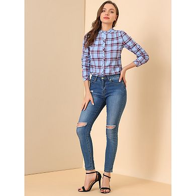 Women's Fall Button Up Blouse Long Sleeve Top Ruffle Neck Plaid Shirt
