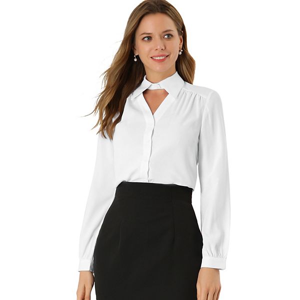 Womens Choker Neck Blouse Long Sleeve Turn Down Collar Work Shirt