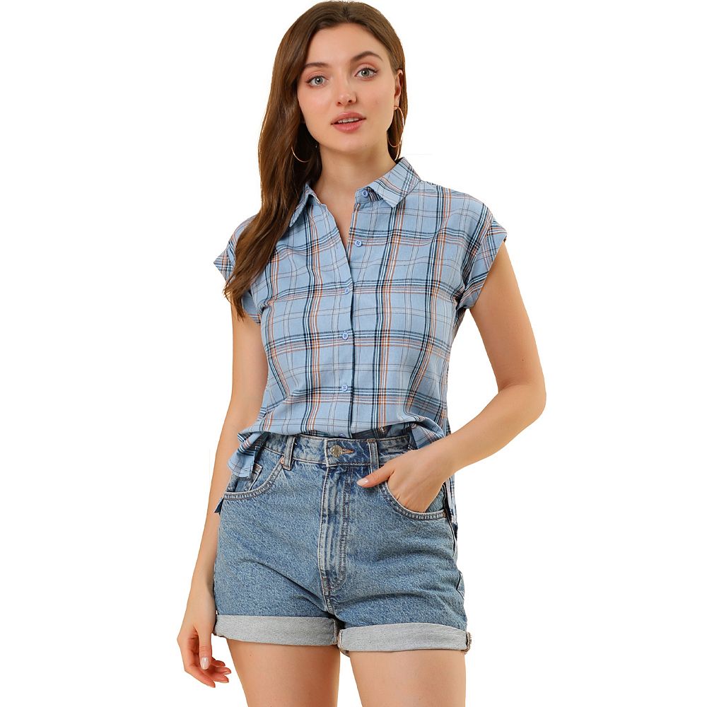 Women's Point Collar Short Cap Sleeves Plaids Button Down Shirt