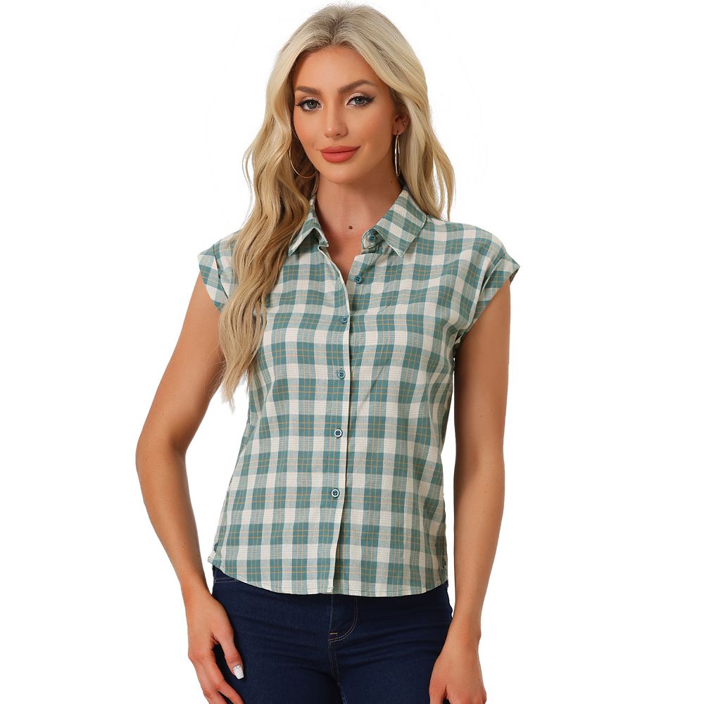 Women's Point Collar Short Cap Sleeves Plaids Button Down Shirt