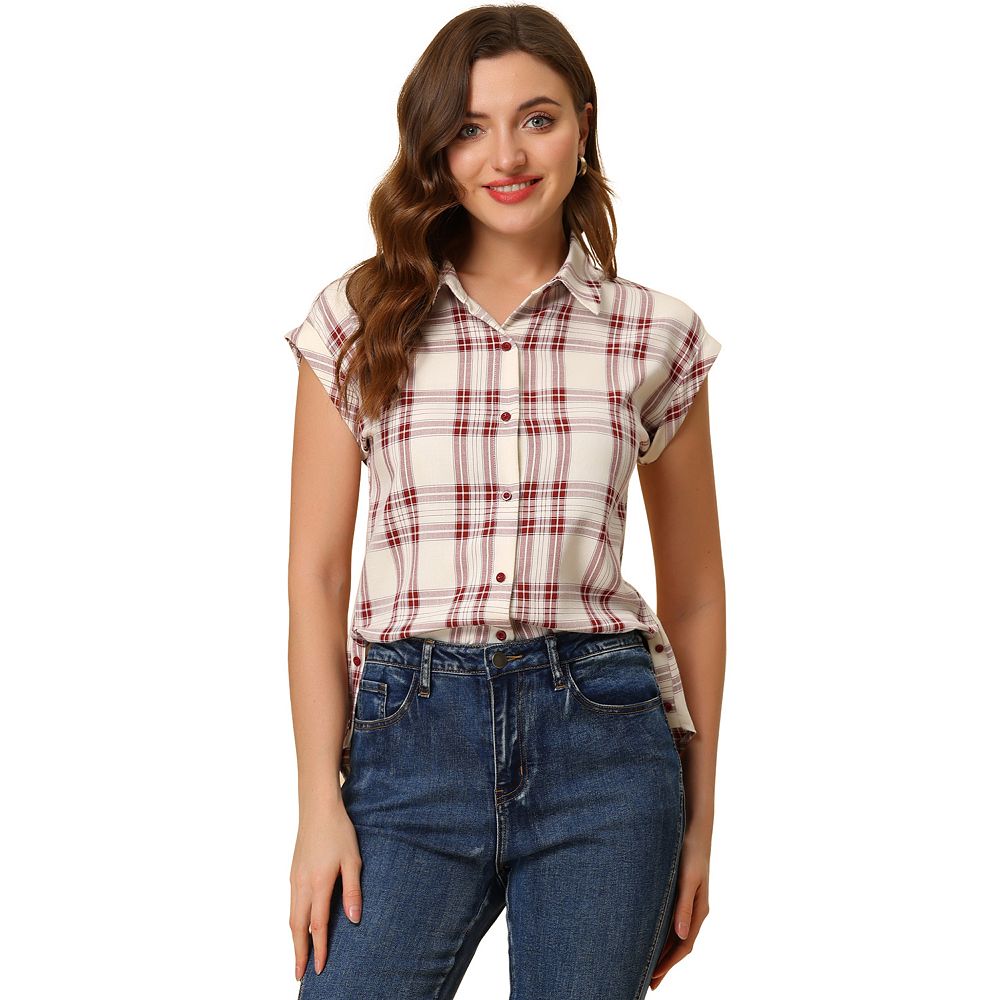 Women's Point Collar Short Cap Sleeves Plaids Button Down Shirt