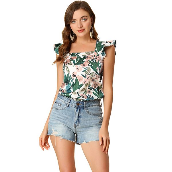 Women's Tropical Printed Square Neck Ruffle Tank Top