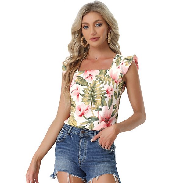 Women's Tropical Printed Square Neck Ruffle Tank Top