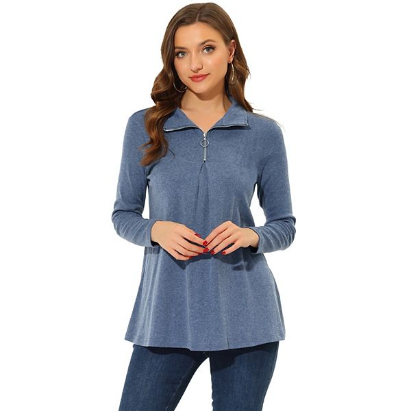 Women's Zipper Mock Neck Pleated Front Long Sleeve Casual Tunic Top