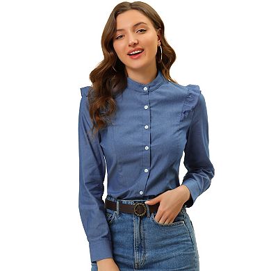 Women's Denim Long Sleeve Standing Collar Ruffled Trim Shoulder Button ...