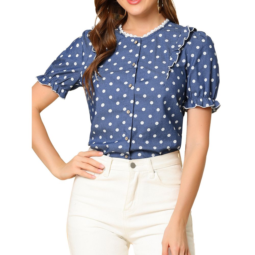 Women's Short Sleeve Polka Dots Ruffled Front Button Down Shirt Tops