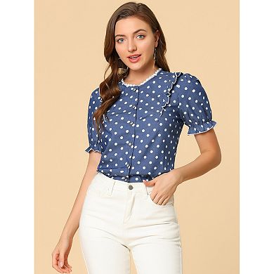 Women's Short Sleeve Polka Dots Ruffled Front Button Down Shirt Tops