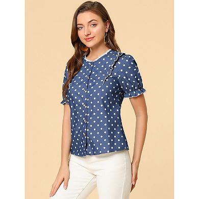 Women's Short Sleeve Polka Dots Ruffled Front Button Down Shirt Tops