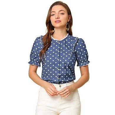 Women's Short Sleeve Polka Dots Ruffled Front Button Down Shirt Tops