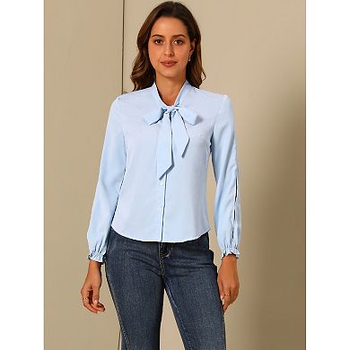 Women's Elegant Bow Tie Neck Blouse Long Sleeve Work Chiffon Shirt