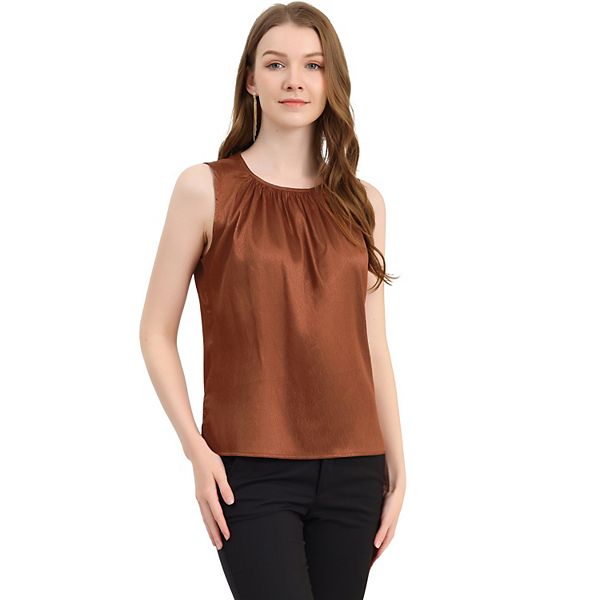 Women's Satin Sleeveless Work Office Pleated Tank Top Blouse