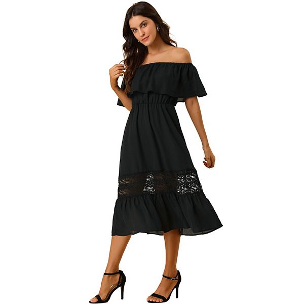 Women's Flutter Sleeve Off The Shoulder Ruffle Lace Insert Maxi Dress