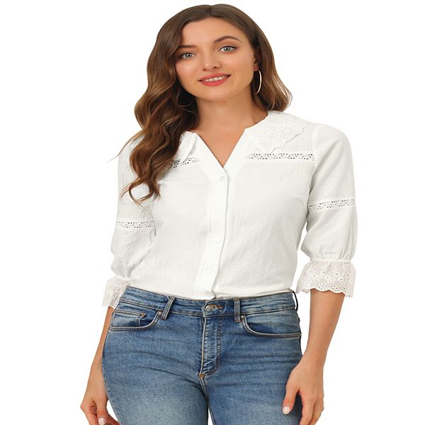 Women's V Neck Collar Eyelets Lace 3/4 Sleeve Blouse Shirt