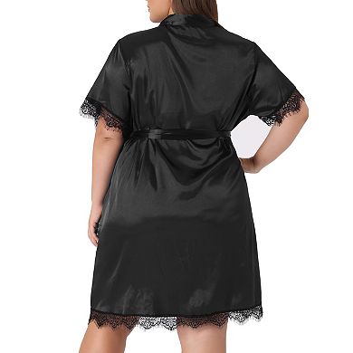 Plus Size Sleep Robe for Women Satin Pocket Tie Nightgown Lounge ...