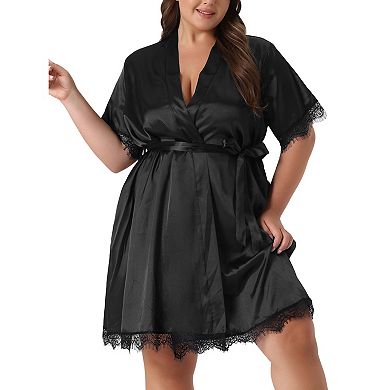 Plus Size Sleep Robe for Women Satin Pocket Tie Nightgown Lounge ...