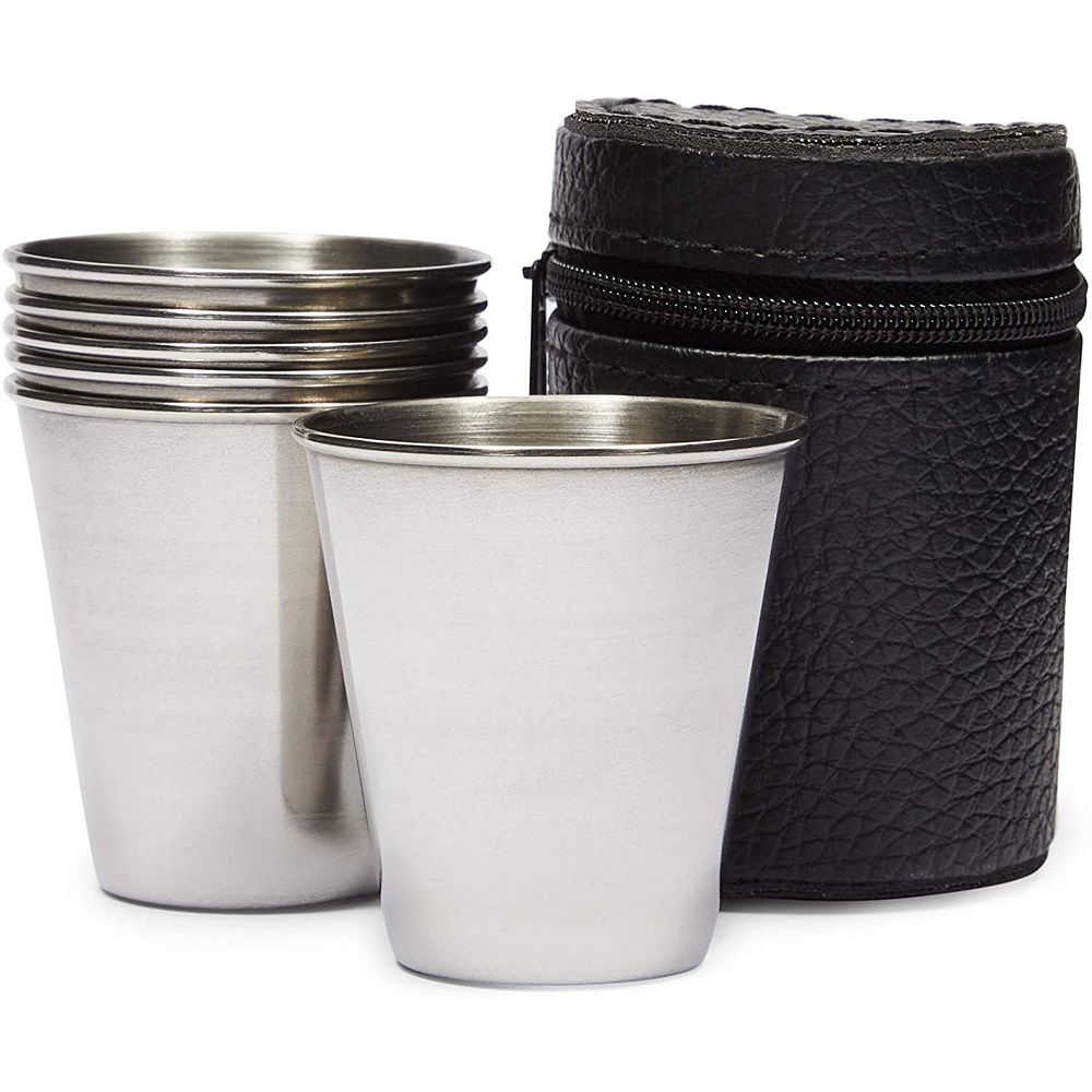 6 Pack Stainless Steel Shot Glasses with Leather Case, 2 oz Metal Shooters