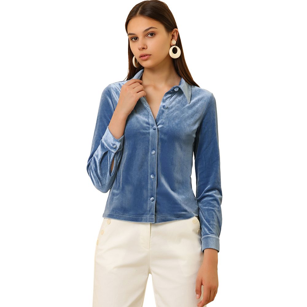 Women's Work Button Up Point Collar Long Sleeve Velvet Blouse